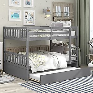 HOUAGI Full Over Full Bunk Bed with Trundle,Full Bunk Bed with Ladder and Safety Rails,Grey