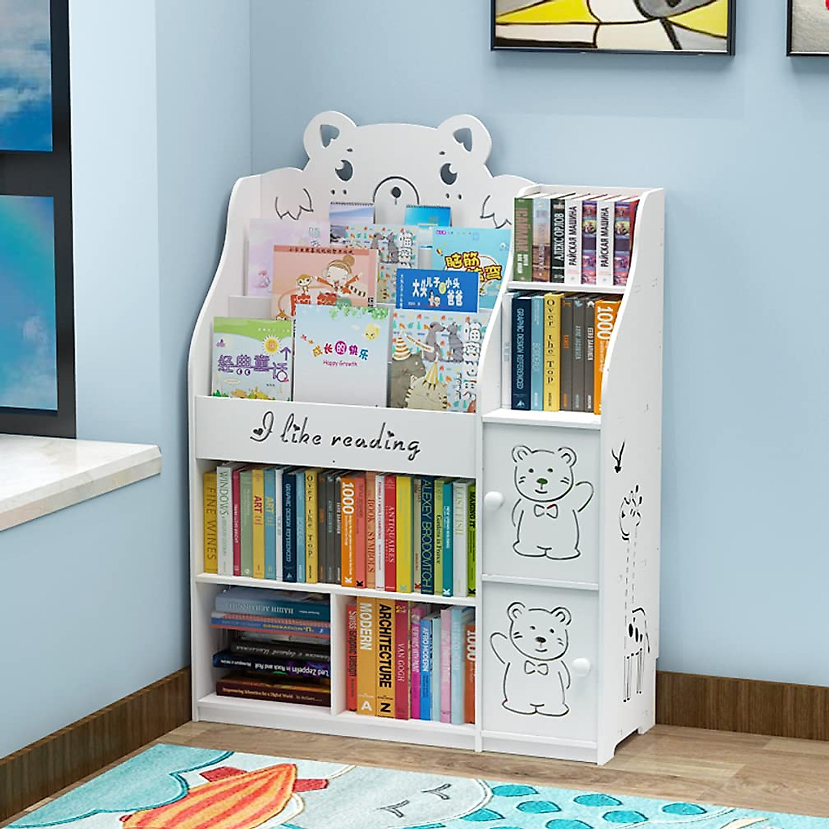 Intexca & Design Childrens Kids Cartoon Engraved Bookshelf MultiLayer Organizer Shelf with Storage Rack Cabinets White