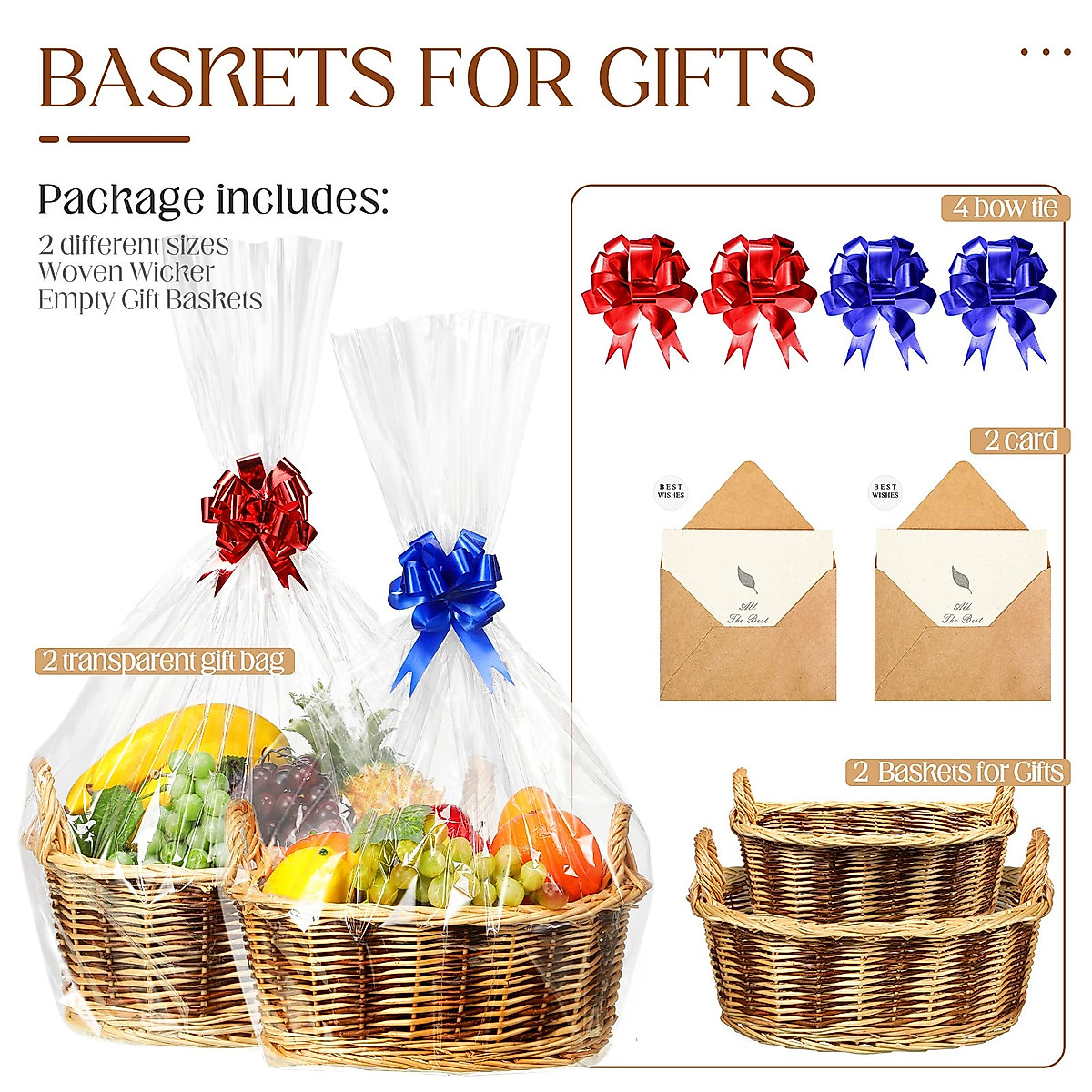 Maitys 2 Sets Basket for Gifts Empty Bulk Woven Wicker Empty Gift Baskets with Handles Clear Gift Bags Kraft Cards Pull Bows Gift Basket Kit Supplies to Fill for Wedding Birthday Party Gift Wrapping