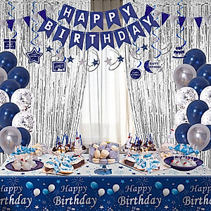 Blue Birthday Decorations for Men, Birthday Party Decorations for Men Women Boys Grils with Bunting Banner, Fringe Curtains, Hanging Swirl, Tablecloth happy birthday decorations Party Decor Suit