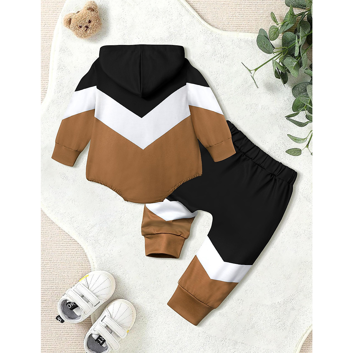AGAPENG Baby Boy Clothes 3-6 Months Color Block Hoodie Sweatsuit Oversized Sweatshirt Onesie Romper Long Pants Fall Baby Boy Clothes Baby Boy Winter Clothes Thanksgiving Outfit Brown