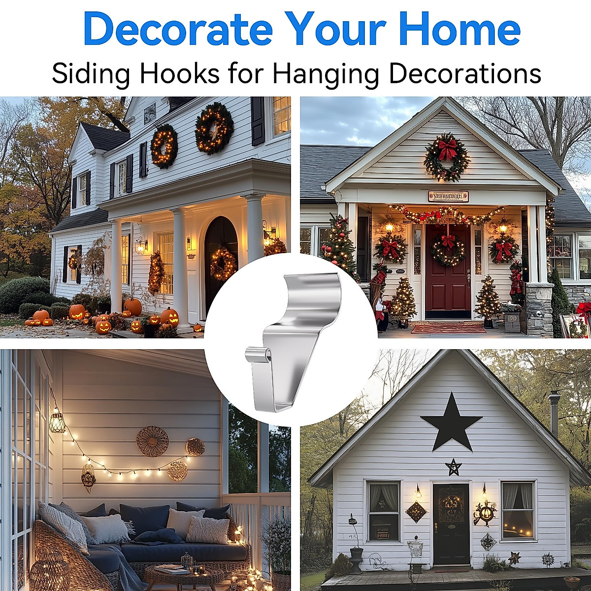 Amuille 20 Pack Vinyl Siding Hooks, No Hole Siding Hanging Hangers, Heavy-Duty Stainless Steel Vinyl Siding Hanger, Reusable Siding Clips for Hanging Holiday Decorations, Plaques, String Light