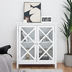 LOKO Buffet Cabinet, Kitchen Storage Cabinet with Tempered Glass Doors & Adjustable Shelves, Sideboard Cabinet Liquor Cabinet for Kitchen, Living Room, 35.5 x 15.5 x 38 inches (White)