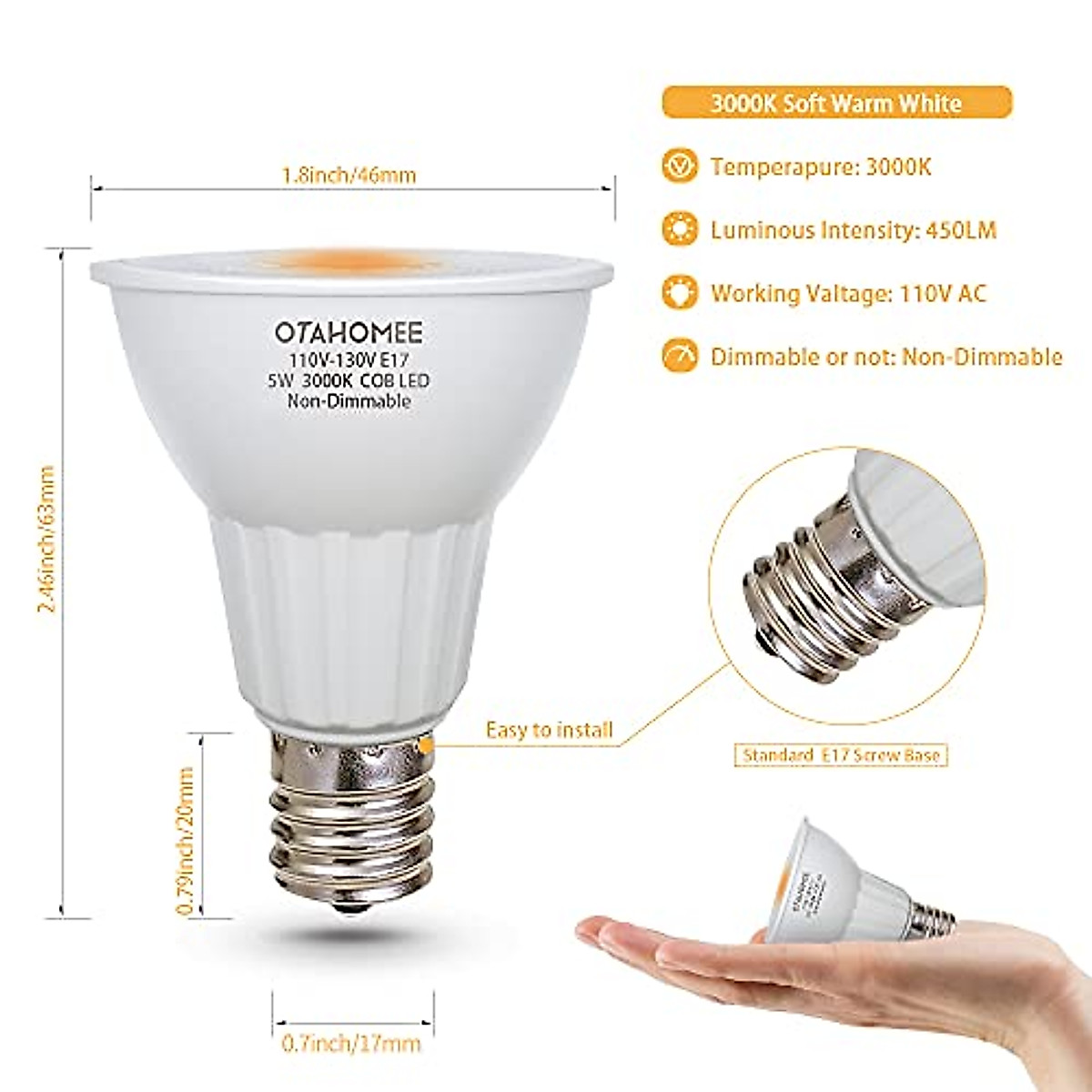 OTAHOMEE E17 LED Light Bulb,E17 Intermediate Base Type R14 Reflector LED Spotlight Bulb Used for Desk Lamp,Cabinet Lighting,Reading Lamp,5W(60W Equivalent) Warm White 3000K Non-Dimmable 1Pack