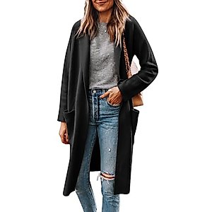 Yousify Women's Open Front Knit Cardigan Long Sleeve Lapel Casual Solid Classy Sweater Jacket Black XXL