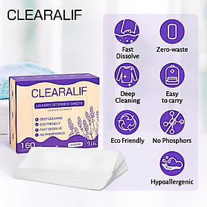 Laundry Detergent Sheets (160 Sheets), Lavender,Up to 320 Loads - Great For Travel,Apartments, Dorms,CLEARALIF Laundry Detergent Strips Eco Friendly & Hypoallergenic (80 Count, Pack of 2)