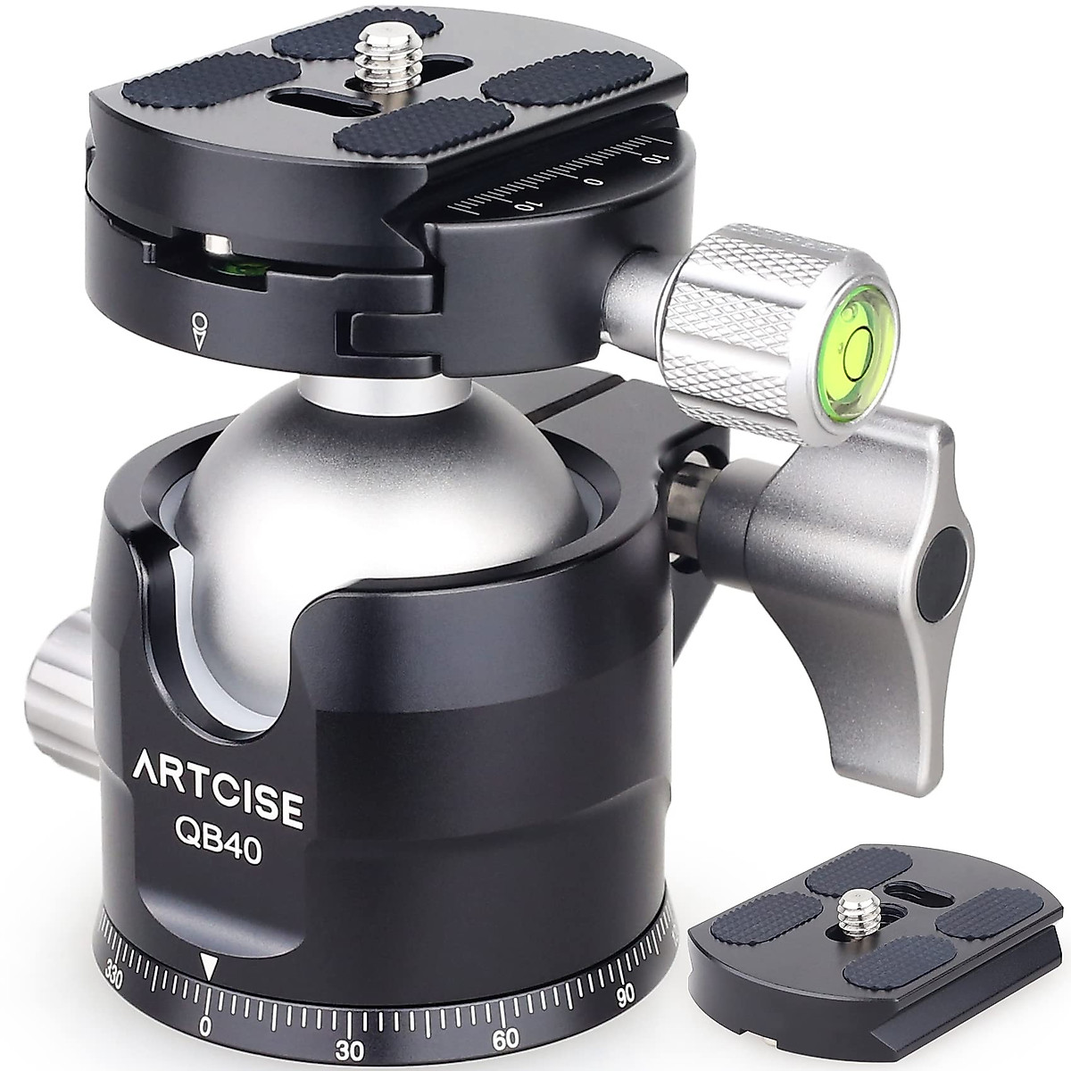 Low Profile Camera Tripod Head with 2 Arca Quick Release Plates 40mm Aluminium 360 Rotating Panoramic Ball Head Load 44lbs/20kg