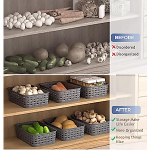 3 Pack Small Plastic Basket, Storage Bin Baskets for Organizing, Pantry Organizer Household Wicker Storage for Laundry Room, Bedrooms, Kitchens, Cabinets, Countertops, Dark Gray