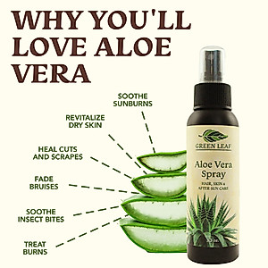 Green Leaf Naturals Aloe Vera Spray | 99% Cold-Pressed Aloe Vera Juice with Vitamin C, E & A | Hair, Skin, Facial Moisturizer, Sunburn Relief & After Sun Lotion 8oz