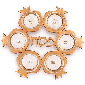 Zion Judaica Artistic Passover Seder Plate Pomegranate Shape Seder Tray Shiny Aluminum with 6 Glass Liners/Dishes Marked with the Names of Symbolic Pesach Foods Passover Plate Decor (Gold)