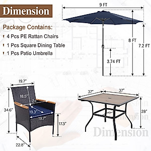 Sophia & William 5 Pieces Outdoor Furniture with 9ft Navy Patio Umbrella, Outdoor Patio Dining Set for 4 People, Square Faux Wood Patio Table and Rattan Chairs, Patio Furniture Set with Seat Cushions