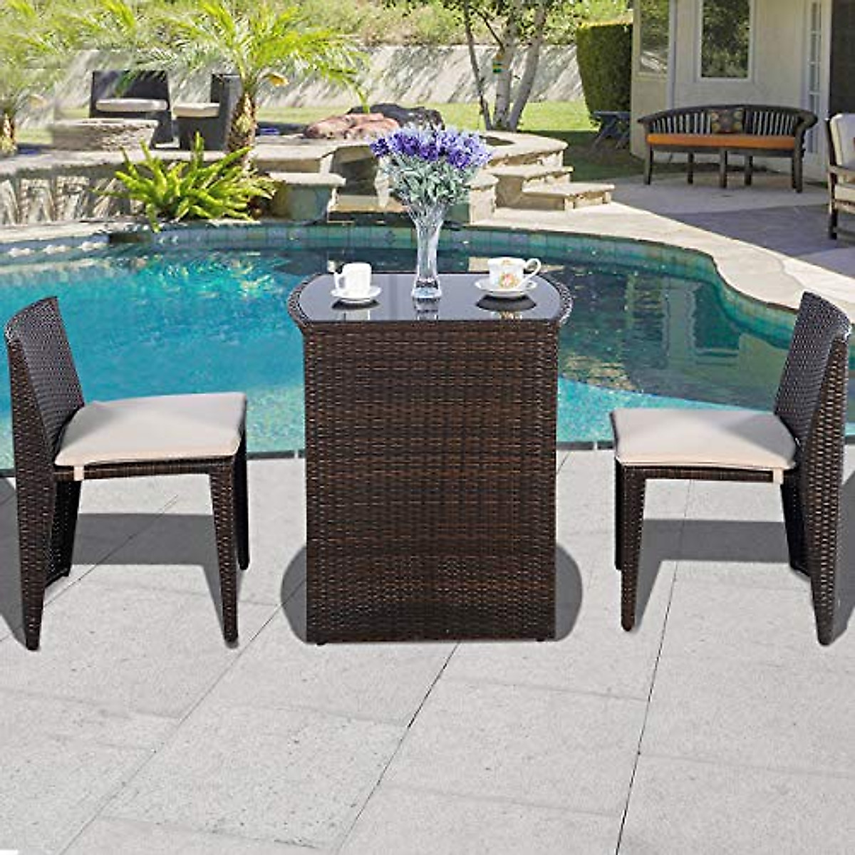 HAPPYGRILL 3PCS Patio Wicker Bistro Set Outdoor Rattan Dining Set Patio Furniture Set with Cushions, Space Saving Design, No Assembly Required