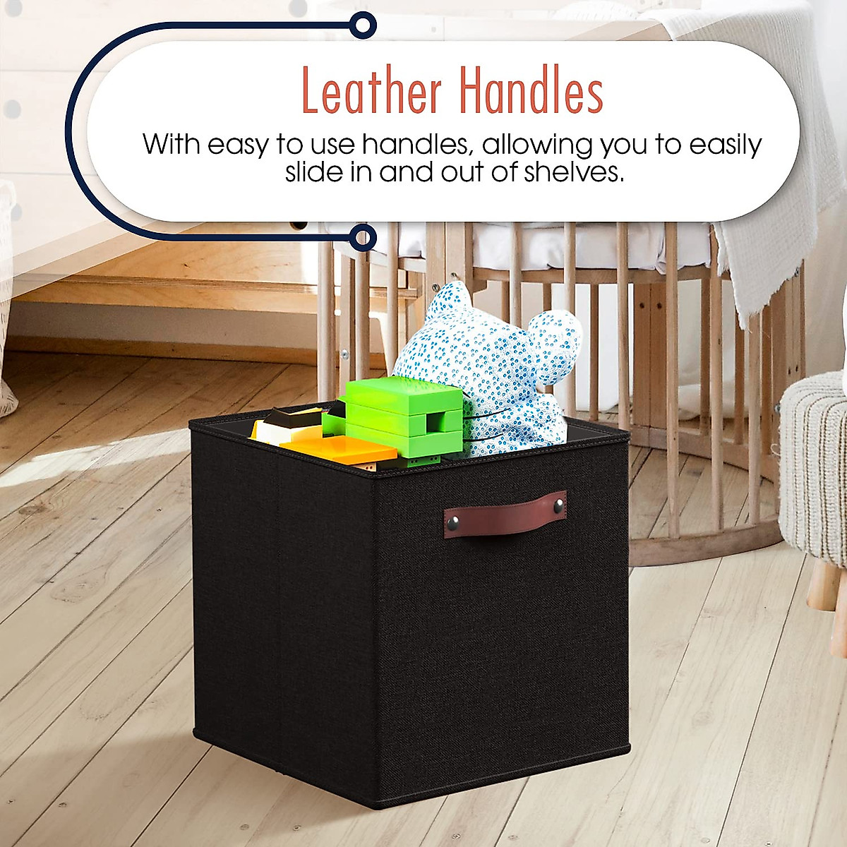 Ornavo Home 11 x 11 Storage Cube Bins, Foldable Collapsible Fabric Storage Bins Box Linen Shelf Basket Cube Organizer for Closet with Leather Handles, 6 Pack, Black