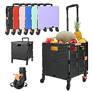 SELORSS Foldable Utility Cart Rolling Crate Handcart 110lbs Large Capacity Shopping Cart with 360°Rotate Noiseless Wheels & Telescoping Handle for Transports Groceries Office School Use(Black