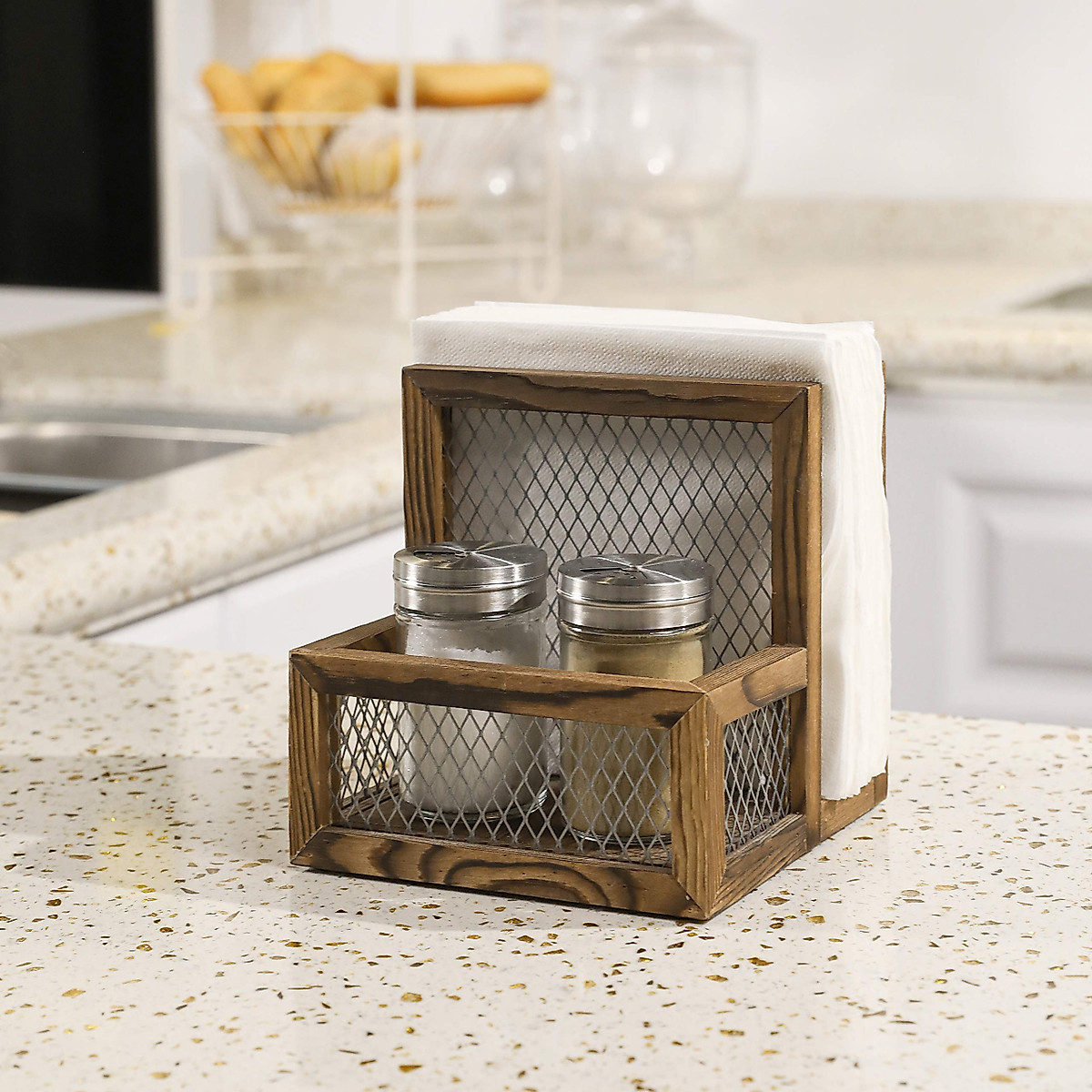 MyGift Rustic Burnt Solid Wood Farmhouse Napkin and Salt and Pepper Shaker Holder with Chicken Wire Side Panel Design, Kitchen Napkin Holder and Condiment Rack