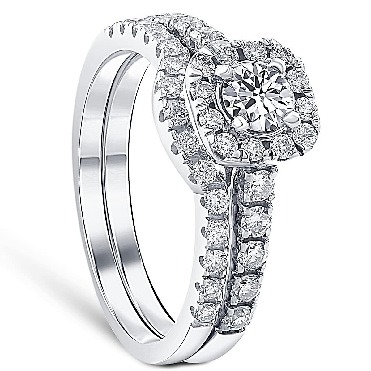 1 1/4Ct Cushion Halo Diamond Engagement Matching Wedding Ring Set 14K White Gold - Size 6.5
