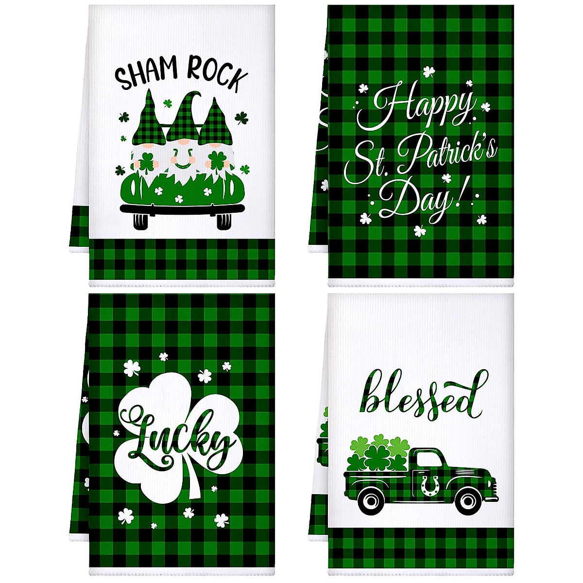 Honoson St Patrick's Day Dish Towel Kitchen Towel Absorbent Fast Drying Cloth Decorative Shamrock Gnomes Tea Towels Decorative Dishcloths for Kitchen Bathroom Home, 16 x 24 Inch(Shamrock)