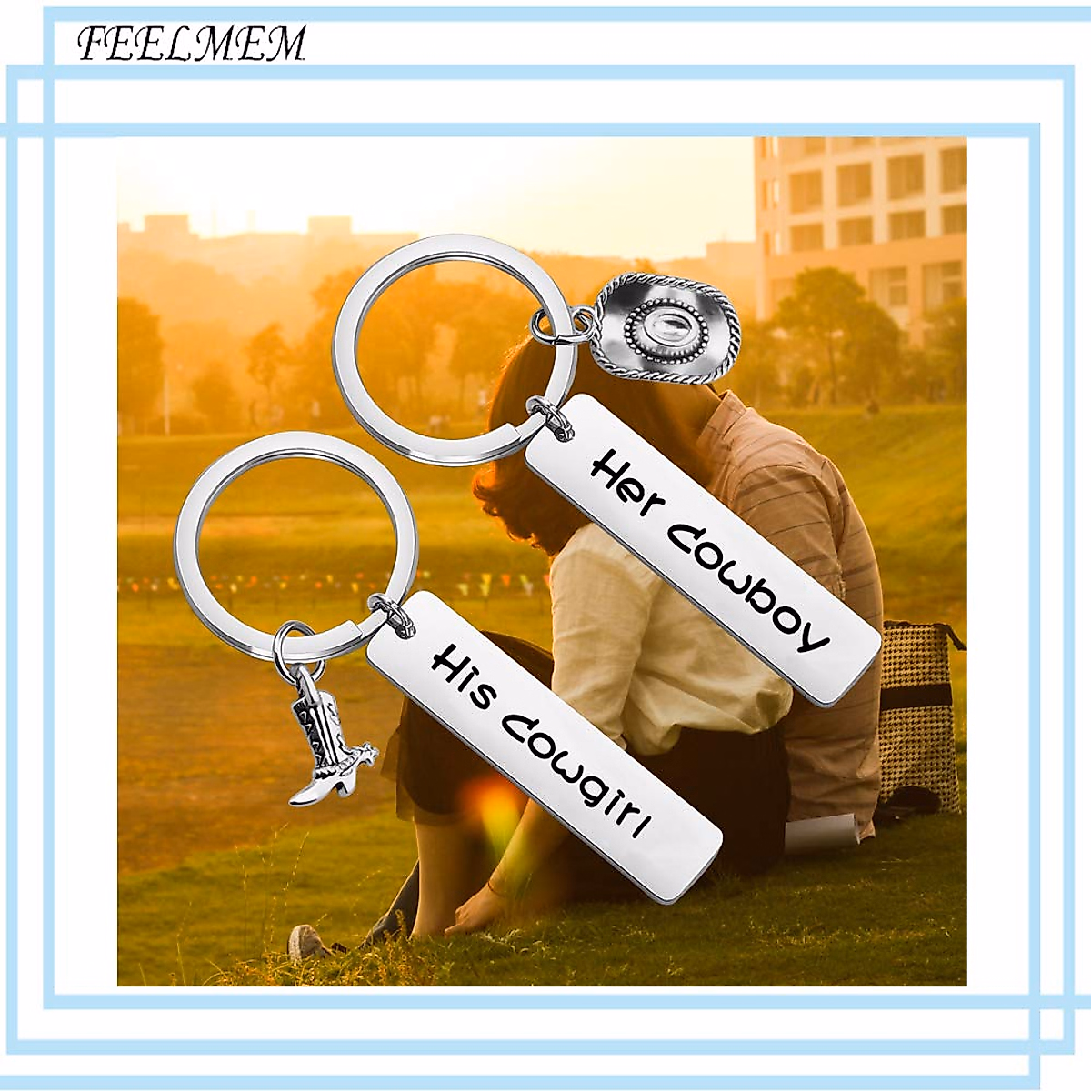 FEELMEM Western Texas Cowgirl Cowboy Hat Boot Keychain Set Her Cowboy His Cowgirl Couple Keychains Matching Set Valentines Day Boyfriend Gift Girlfriend Gift (Silver)