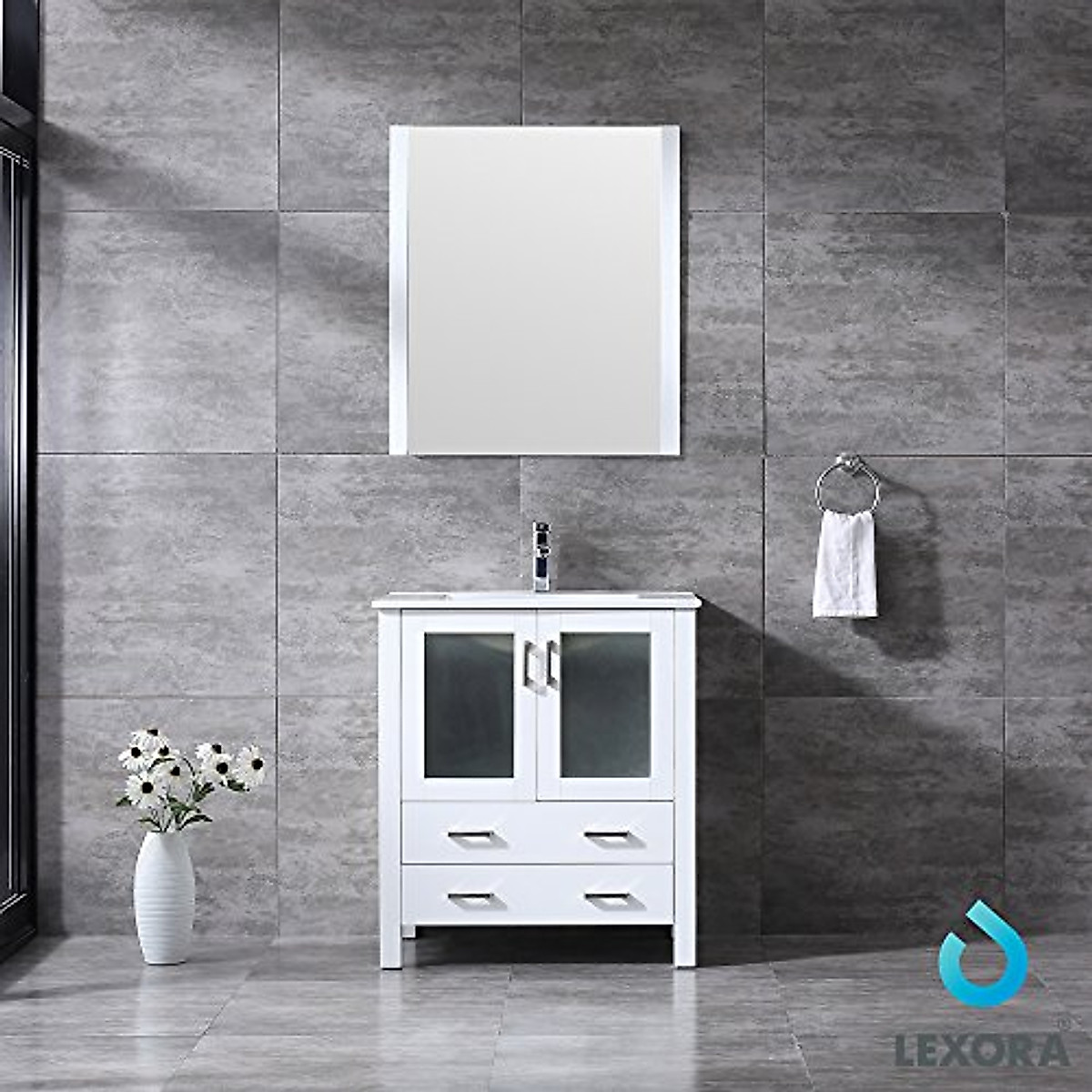 Lexora Volez 30 in W x 18.25 in D White Bath Vanity, White Ceramic Top and 28 in Mirror