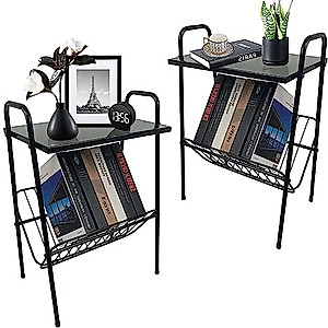 Jbikao Black End Table Set of 2, Record Player Stand Rectangle Shaped Side Table, Nightstand for Living Room, Metal