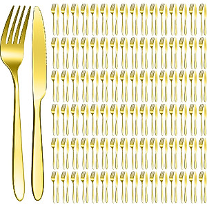 Nuenen 100 Pcs Stainless Steel Forks Dinnerware Set, Dinner Forks and Dinner Knives Flatware Set Tableware Cutlery Set for Butter Kitchen Restaurant Hotel Home, Dishwasher Safe (Gold,8.4", 7.1")
