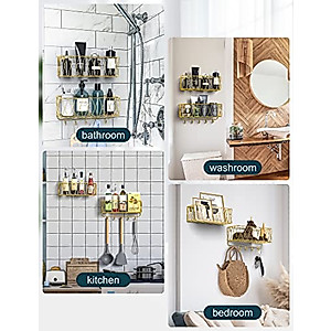 Iperlife Adhesive Shower Caddy Basket Shelf, Bathroom Shampoo Organizer Shelves, Kitchen Storage Rack, No Drilling Wall Mounted Rustproof Shower Shelf for Inside Shower - 2 Pack (Gold)