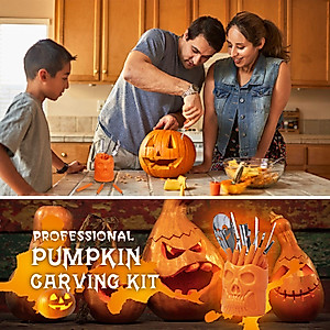 ILEBYGO Pumpkin Carving Kit,11 Pcs Stainless Steel Professional Halloween Pumpkin Carving Tools, Pumpkin Carving Set with a Skull Storage Carrying Bucket