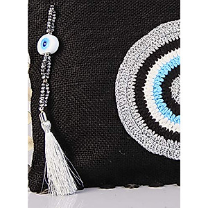 Karens Black-Silver Evil Eye Jute/Burlap Clutch Bag Beach bag Zipper (w/Chain)