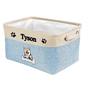 MALIHONG Personalized Foldable Storage Basket with Cute Dog Shiba Inu Collapsible Sturdy Fabric Bone Pet Toys Storage Bin Cube with Handles for Organizing Shelf Home Closet, Blue and White