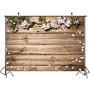 GiuMsi 7x5ft Durable Farbic Wood Wall Photography Backdrop with Spring Flowers and Petal for Newborn Baby Shower Birthday Party Photo Background Photoshoot Booth Props