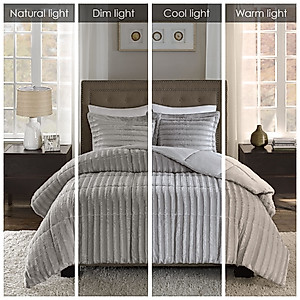 Madison Park Duke Luxe Faux Fur Reversible Comforter Set, Soft Plush Reverse, Modern Down Alternative Filling Cozy Bedding, Box Quilted Warm Cover, Matching Shams, King/California King, Grey 3 Piece