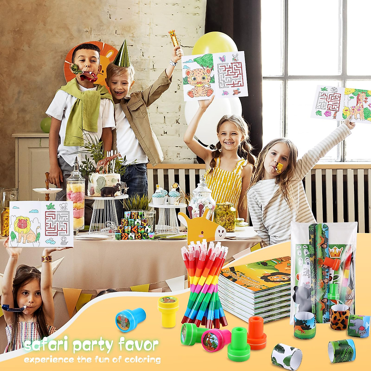 BenLouis 96Pcs Jungle Safari Party Favors Zoo Animals Coloring Books Crayons Sticker Stampers Slap Bracelets Set Bulk Classroom Prizes for Kids Wild One Party Baby Shower Goodie Bags Fillers