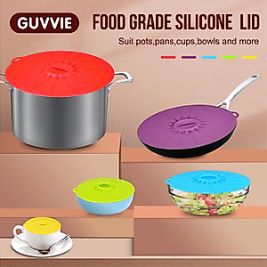 Guvvie Silicone lids - 5 Pack Heat Resistant Microwave Splatter Cover, Reusable silicone Suction lids for food storage Fits Bowls, Cups, Skillets, Plates, Pots, Pans StoveTop, Oven, Fridge Safe