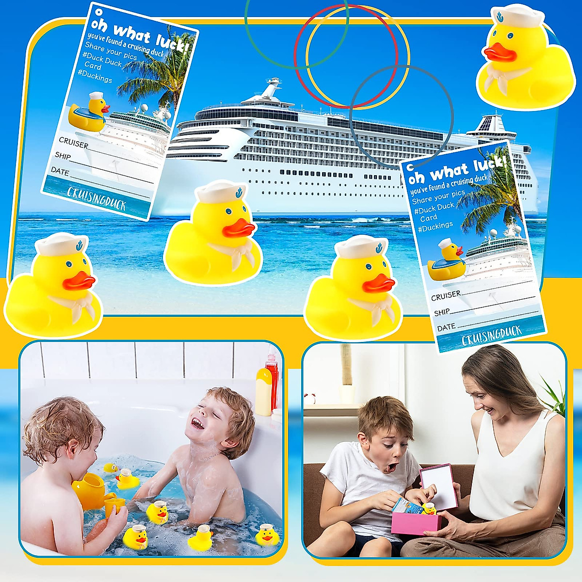 Duck Tag Cruise Kits Includes Rubber Sailing Ducks for Cruise Ships, Duck Tag Cruise Ducking Game Carnival Rubber Duck Duck Tag Card and Rubber Bands for Hiding Carnival (60)