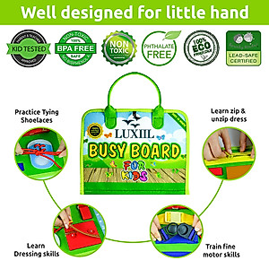 LUXIIL Busy Board Montessori Toys for Toddlers 3in1 Gifts for 1 2 3 4 5 Year Old Boys & Girls, Preschool Sensory Activity Boards Travel Boards Learning Basic Dress Skills Toys for Plane & Car (Green)