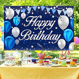 MDCGFOD Happy Birthday Banner - Birthday Decorations for Men Women Boys Girls Blue Sliver Birthday Party Banners Welcome Happy Birthday Background Sign Birthday Theme Party Decorations Indoor Outdoor