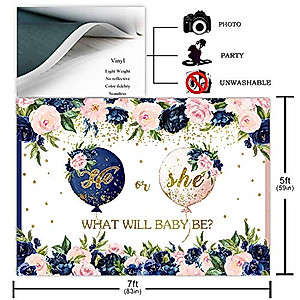 Avezano Navy and Blush Gender Reveal Backdrop He or She Navy Blue Blush Pink Floral Baby Gender Reveal Photography Background Pregnancy Reveal Surprise Boy or Girl Party Decoration Backdrops (7x5ft)