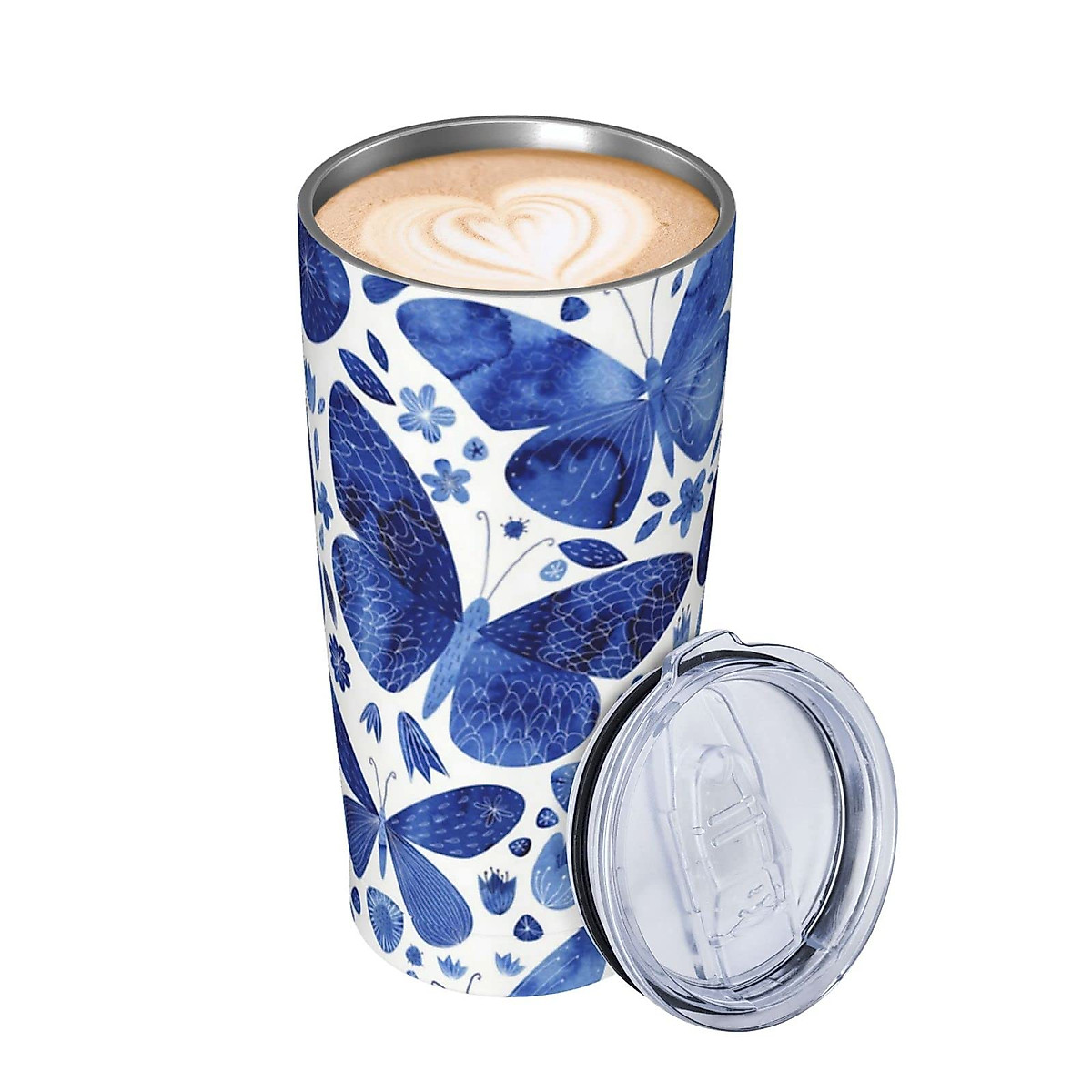 EVANEM 20 Oz Stainless Steel Tumbler With Straw Cleaner Blue Butterflies Printed Insulated Cup Travel Coffee Mug Vacuum Insulated Tumblers For Home Office