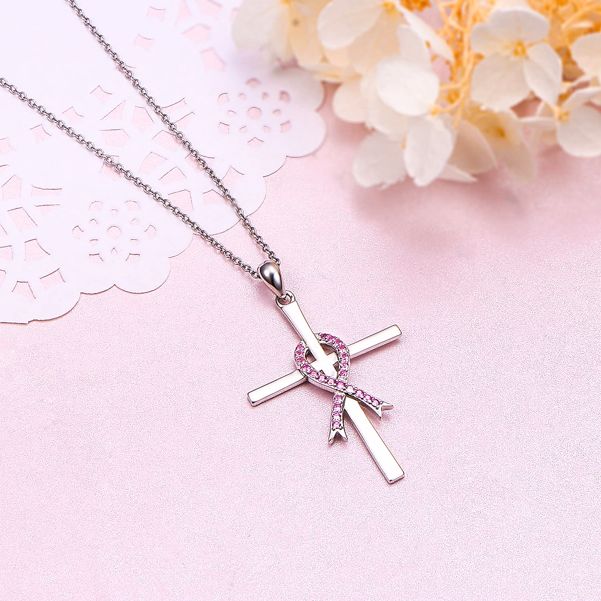 JZMSJF S925 Sterling Silver Faith Pink Ribbon Cross Pendant Necklace Breast Cancer Awareness Jewelry Gifts for Women