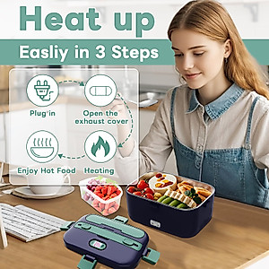 DUPASU Electric Lunch Box 60W Food Heated 12V 24V 110V Portable Food Warmer Heater for Car/Truck/Home Self Heating Box with 1.8L 304 Stainless Steel Container 0.45L Compartment (Green+Royal blue)