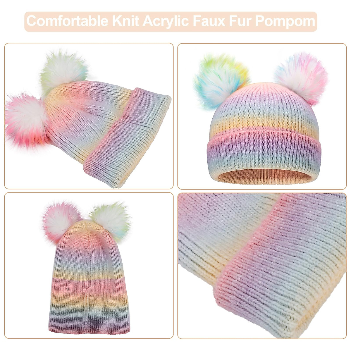 ACTLATI Kids Winter Knitted Beanie Hat Colorful Pompom Ears Ski Hat for Boy Girl(Ages 7-12)