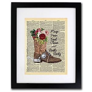 Keep Your Soul Clean And Your Boots Dirty - Cowgirl Cowboy Gifts Inspirational Quote Art - Authentic Upcycled Dictionary Art Print - Home or Office Decor (D401)