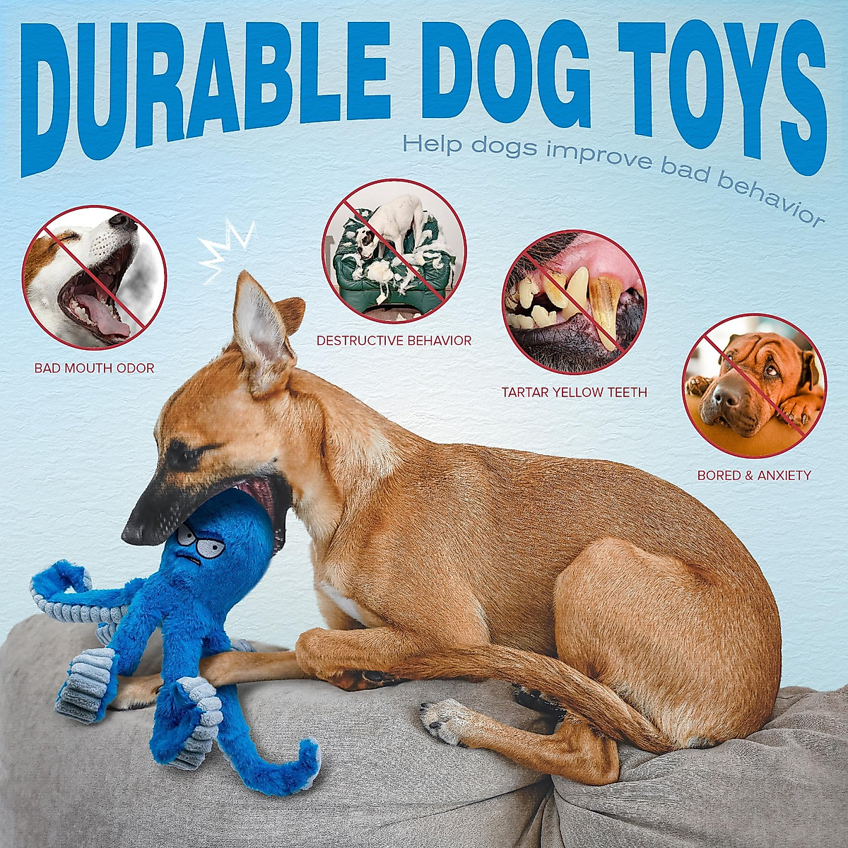 LEGEND SANDY Dog Toys for Aggressive Chewers, Large Dog Toys to Keep Them Busy, Interactive Dog Toys, Squeaky Dog Toys, Tug of War Dog Toy, Crinkle Dog Toy (Blue Octopus)