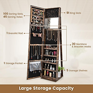 LOKO Lockable Jewelry Cabinet, Large Capacity Makeup Organizer with Full-Length Mirror, Built-in Makeup Mirror, 5 Storage Shelves, Floor Standing Jewelry Armoire for Living Room, Bedroom (Brown)
