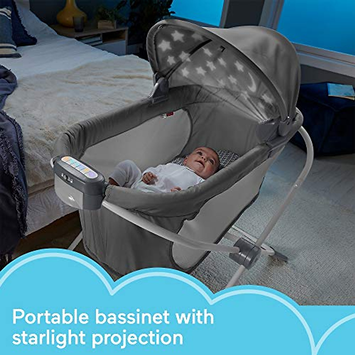 Fisher-Price Baby Crib Soothing View Projection Bassinet Portable Cradle with Lights Music Vibrations & Slim Fold, Pencil Strokes