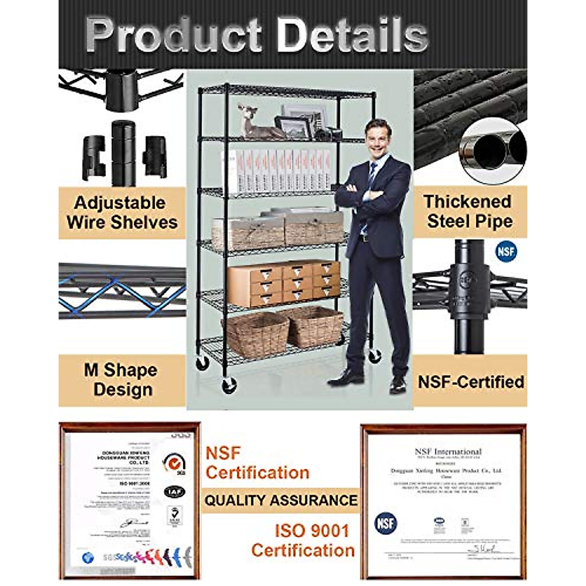 6 Tier Storage Metal Shelf 82"x48"x18" NSF Wire Shelving Unit with Wheels Heavy Duty Layer Rack with Casters, Sturdy Steel Metal Wire Rack for Pantry Kitchen Garage Rack (Black, 82"x48"x18")