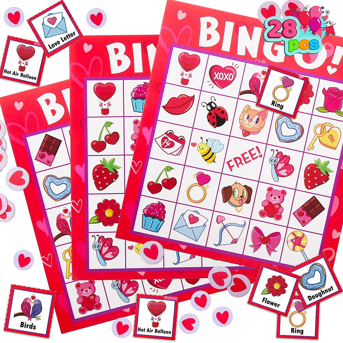 JOYIN 28 Players Valentine's Day Bingo Set, Game Cards for Kids School Classroom Party Supplies, Family Activity