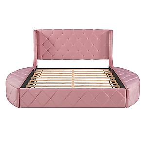VilroCaz Queen Size Upholstered Platform Bed with Wingback Headboard, Velvet Platform Bed Mattress Foundation with 1 Big Drawer and 2 Side Storage Stool, Strong Wood Slats Support (Pink-S)