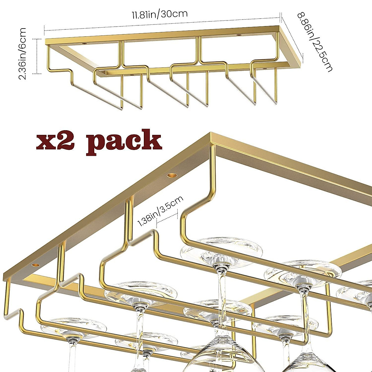 Nuovoware Wine Glass Rack, [2-Pack] Wine Glass Hanger Rack Under Cabinet Stemware Wine Glass Holder Storage Hanger for Bar Kitchen Cabinet (3 Rows) - Gold