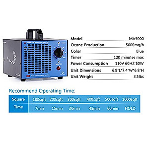 AIRTHEREAL MA5000 Commercial Ozone Generator, 5000mg/h O3 Machine Home Air Ionizers Deodorizer for Rooms, Smoke, Cars and Pets, Blue